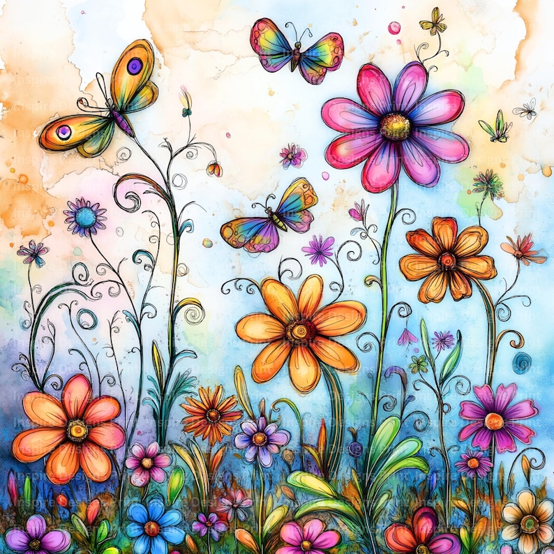 Vibrant Whimsical Flowers Clipart Scenes Digital & Paper Craft Instant ...