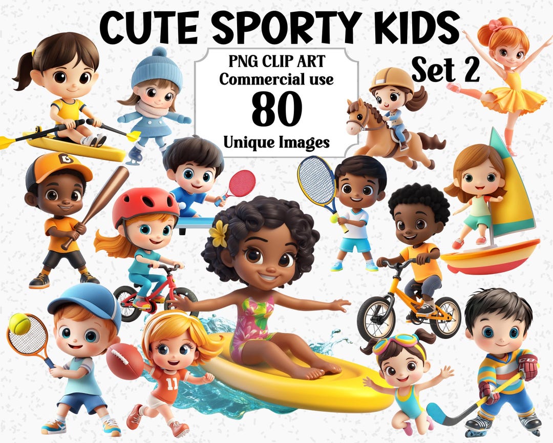 3D Style Cute Sporty Kids Clipart Commercial Children Girls & Boys ...