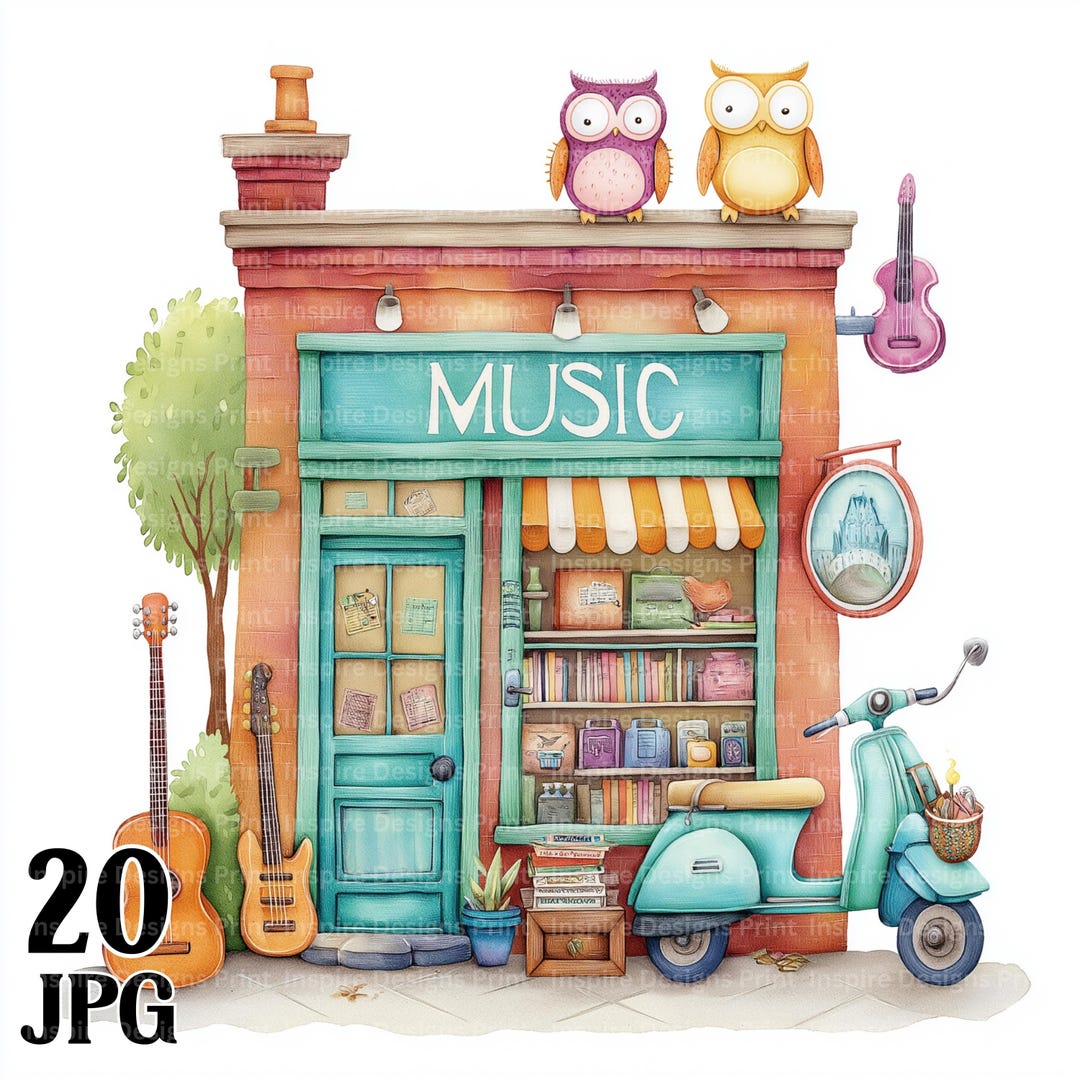 Whimsical Music Storefront Clipart: Watercolor Instrument Shops (JPG ...