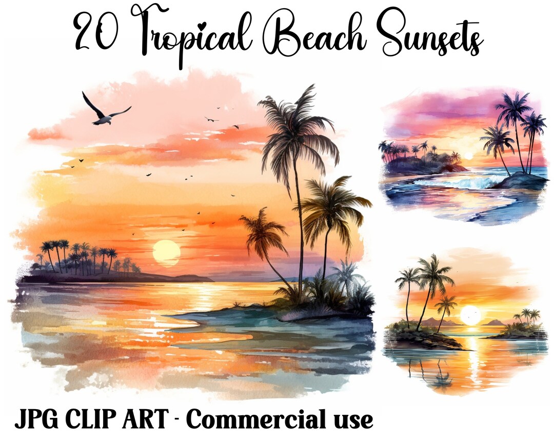 Tropical Beach Sunsets Watercolor Clipart Scenes, Digital & Paper Craft ...
