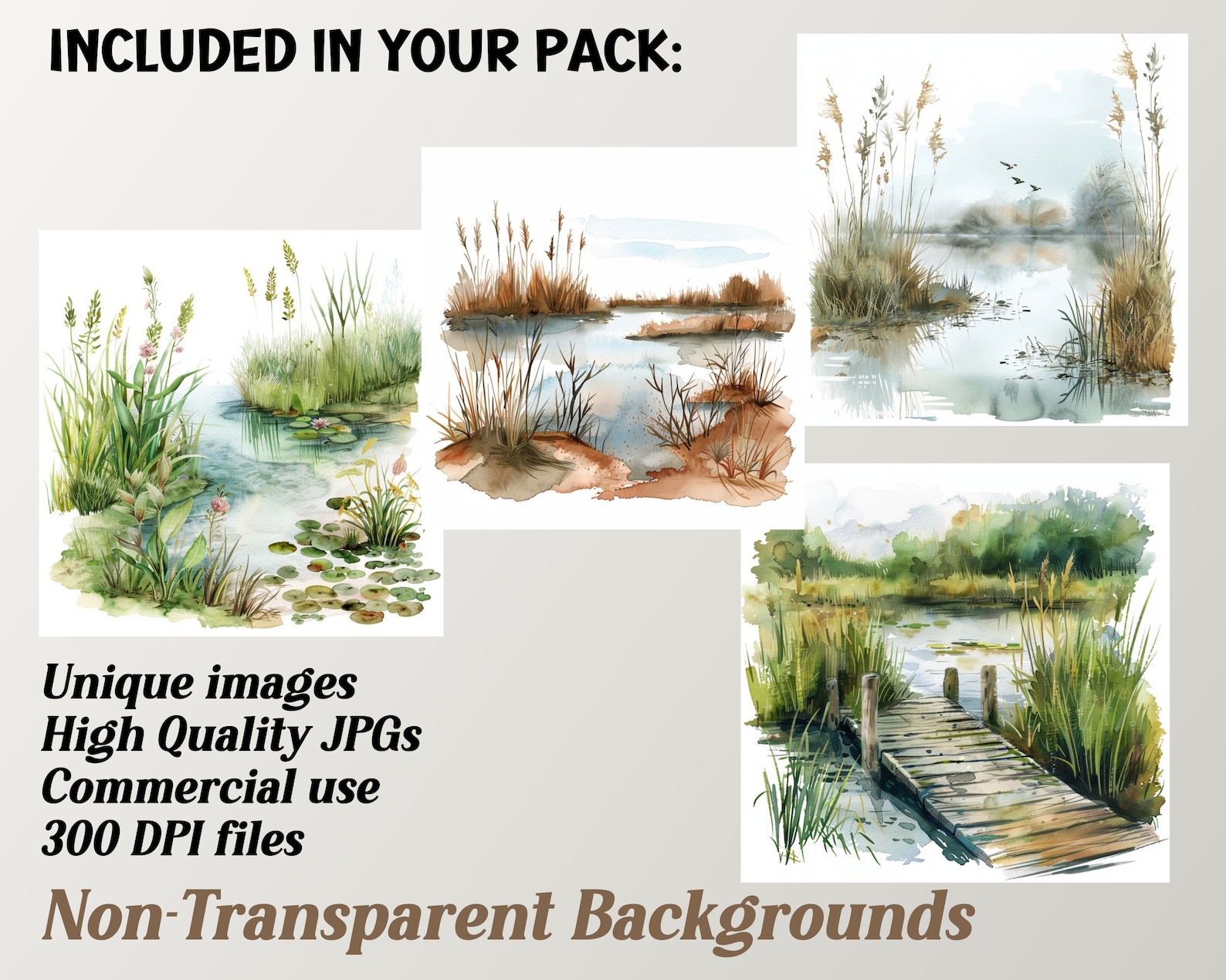 Watercolor Wetlands Grass Swamp Clipart Scenes, Fantasy Nature Digital ...