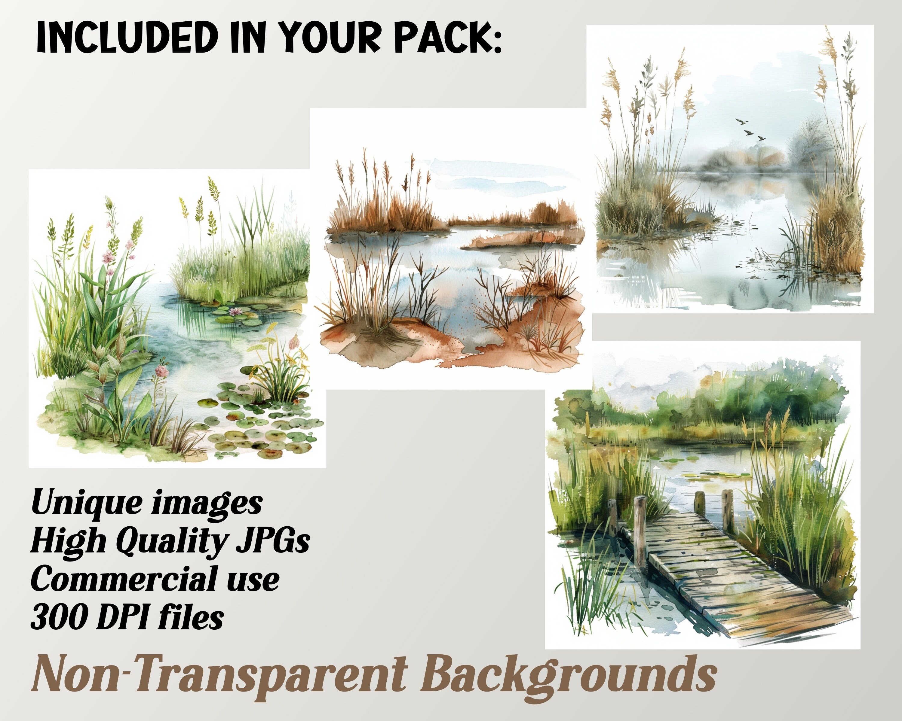 Watercolor Wetlands Grass Swamp Clipart Scenes, Fantasy Nature Digital ...