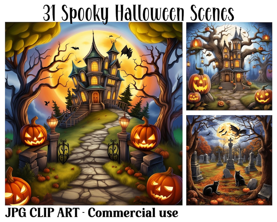 Spooky Halloween Scenes Watercolor Clipart, Craft Digital Papers ...