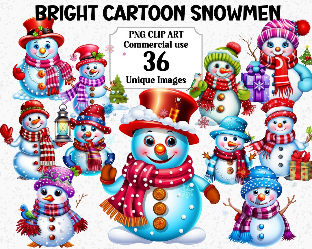 Bright Cartoon Snowmen Clipart, Christmas Snowman Instant Download ...