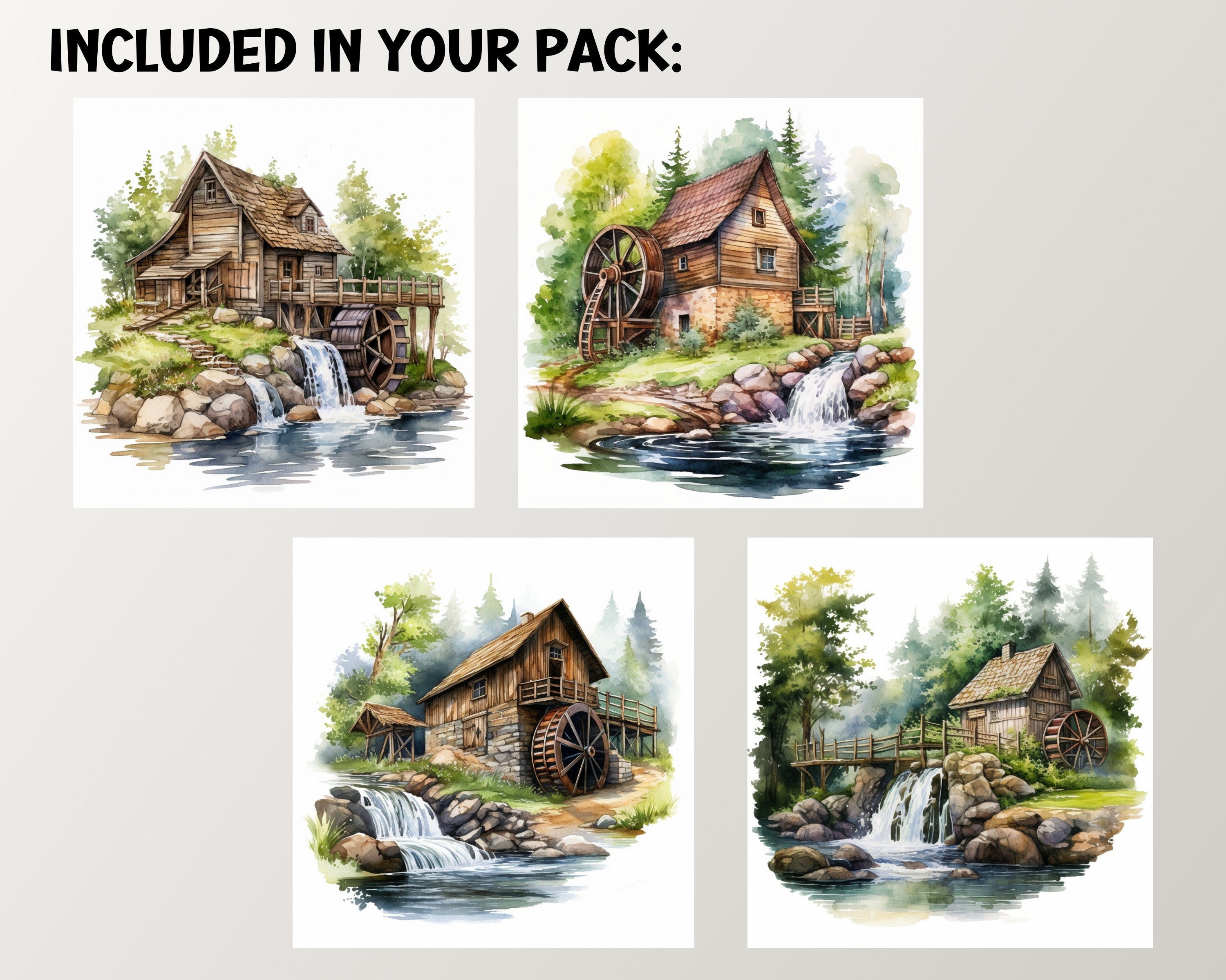 Watermill Scenes Watercolor Clipart, Digital & Paper Craft, Instant ...