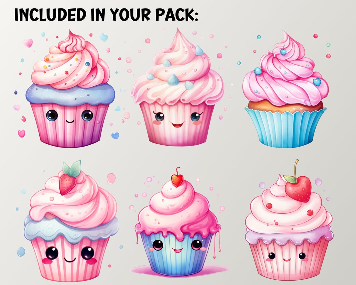 Cute Kawaii Cupcakes Watercolor Clipart, Craft Sublimation Decorations ...