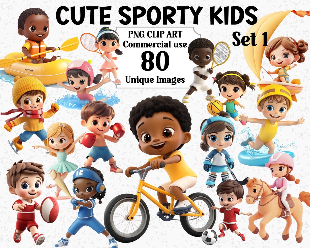 3D Style Cute Sporty Kids Clipart Commercial Children Girls & Boys ...