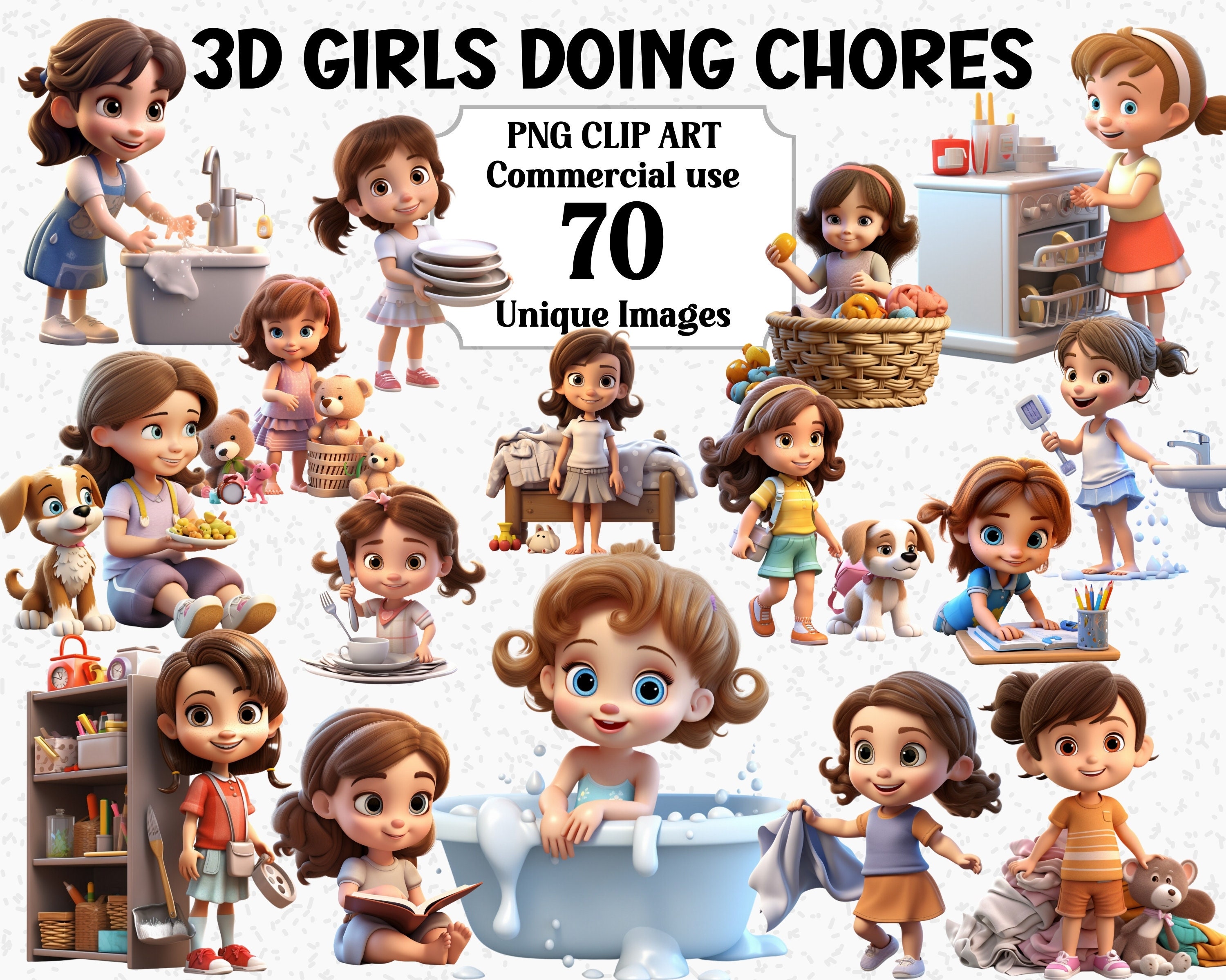 3D Style Cute Girls Doing Chores Clipart, Commercial Use Little Kids ...