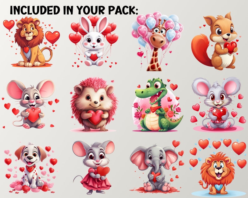 Cartoon Animals Valentines Day Watercolor Clipart, Cards Craft, Instant ...