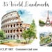 World Landmarks Watercolor Clipart, Digital & Paper Craft Iconic Scenes ...
