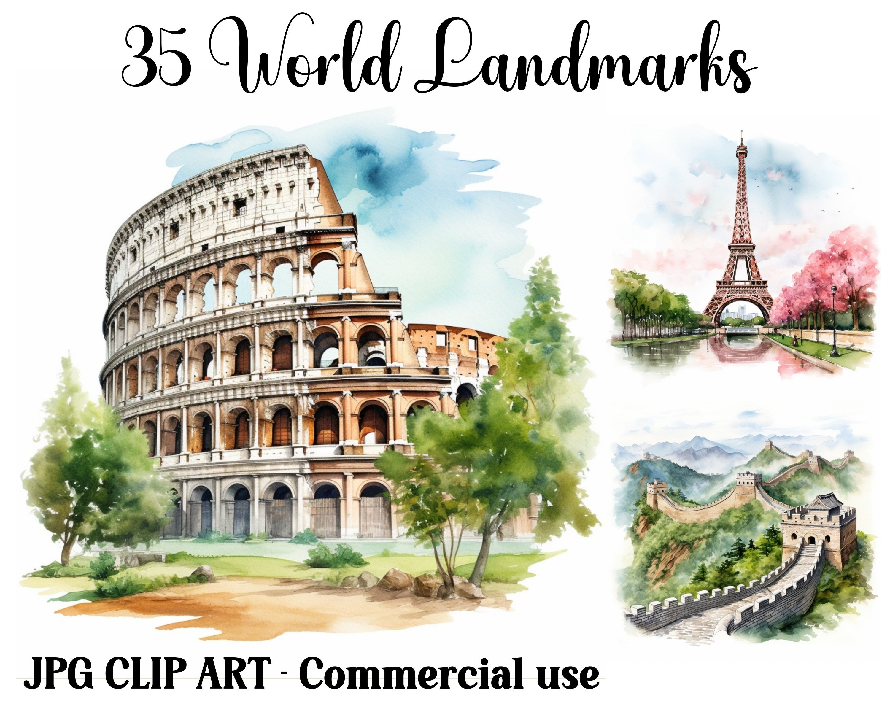 World Landmarks Watercolor Clipart, Digital & Paper Craft Iconic Scenes ...