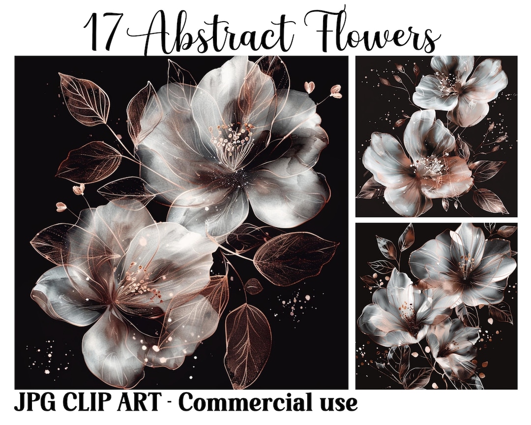 Abstract Flowers Rose Gold on Black Watercolor Clipart, Floral Digital ...