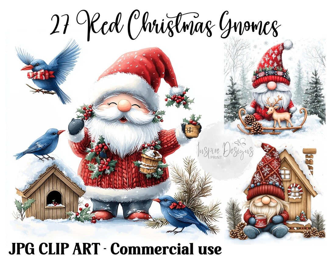 Red Christmas Gnomes Clipart, Craft Digital Papers, Cute Winter Card ...