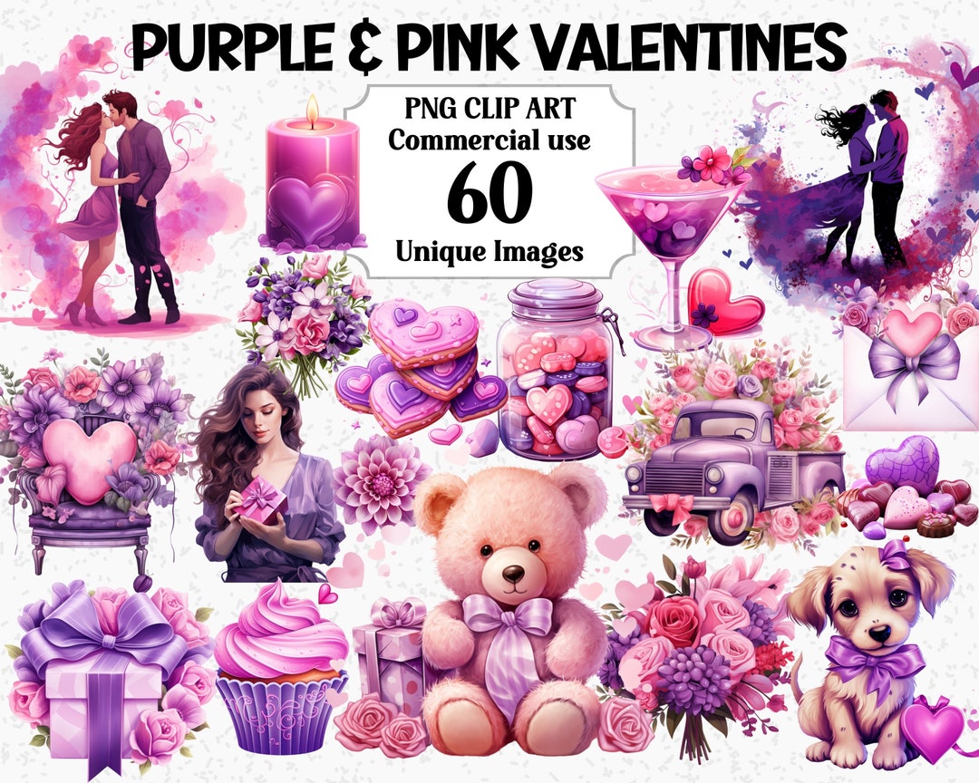 Purple and Pink Valentines Day Watercolor Clipart, Craft Cards Invites ...