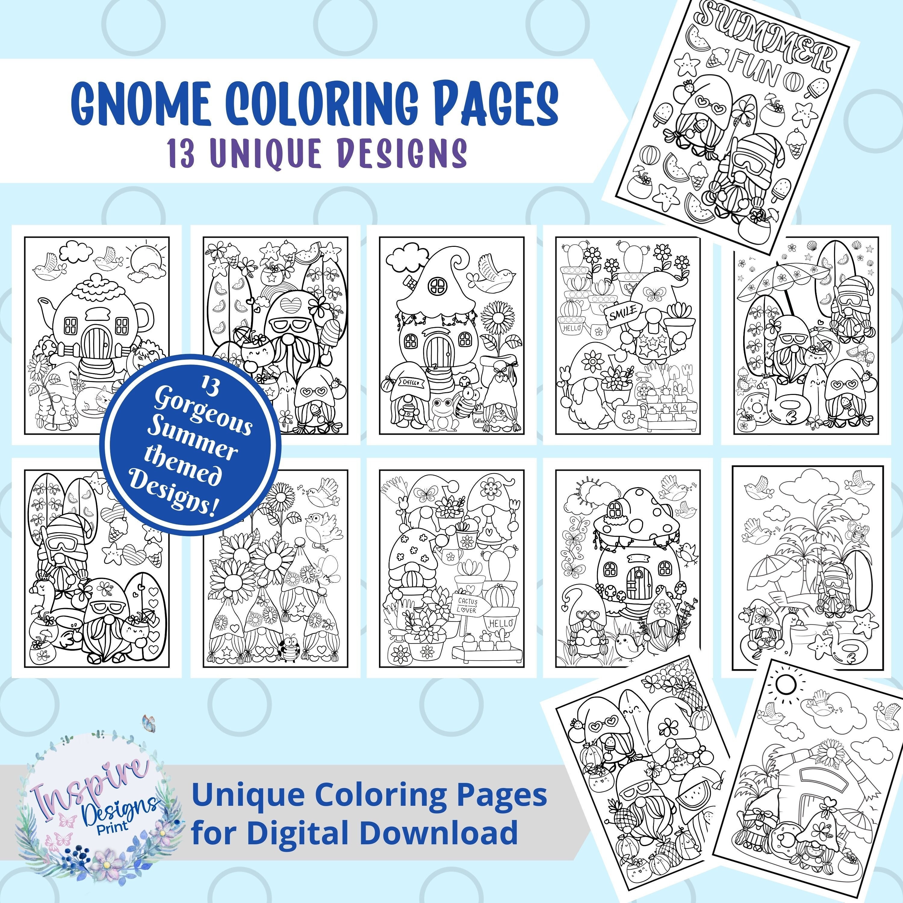 13 GNOME SUMMER Coloring Pages Printable Original Activity Pages for ...