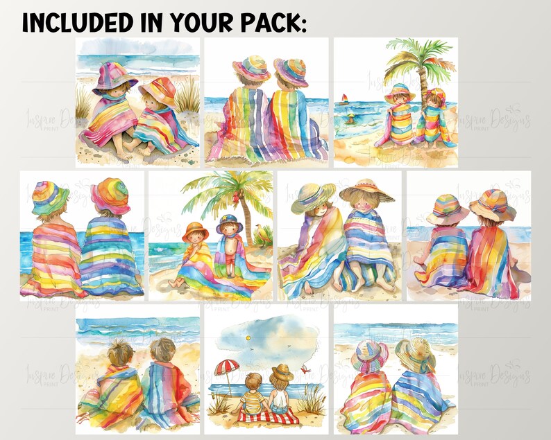 Colorful Beach Kids Watercolor Clipart Scenes, Digital Crafts, Instant ...