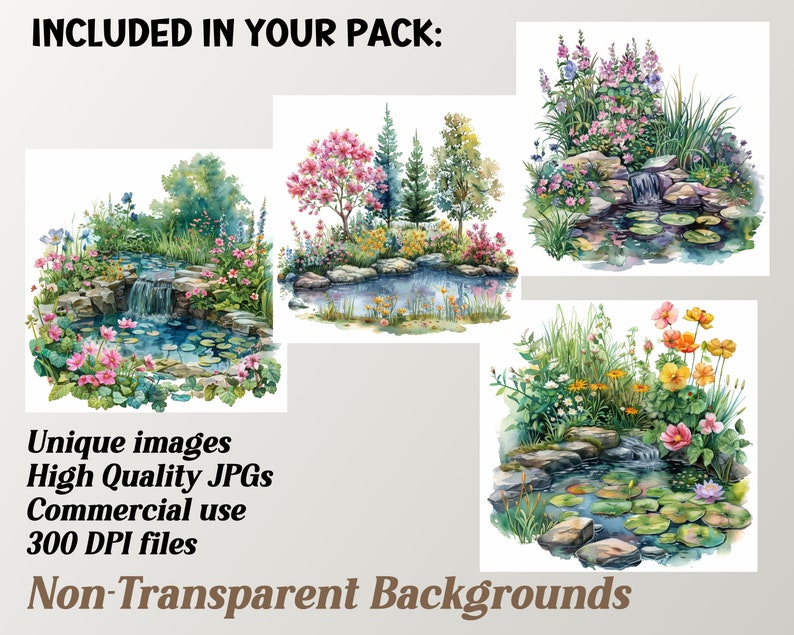 Garden Ponds Watercolor Spring Country Clipart Scenes, Digital & Paper ...