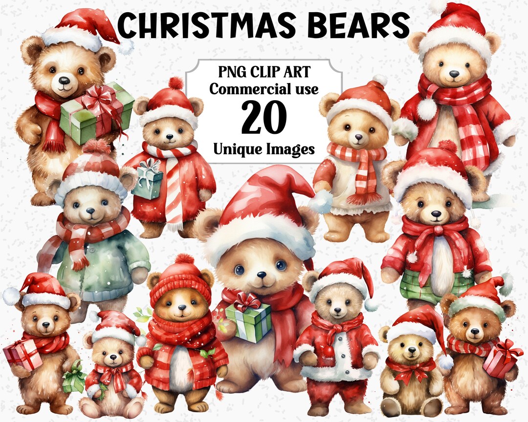 Christmas Bears Watercolor Clip Art, Digital/paper Crafts, Cute Zoo ...