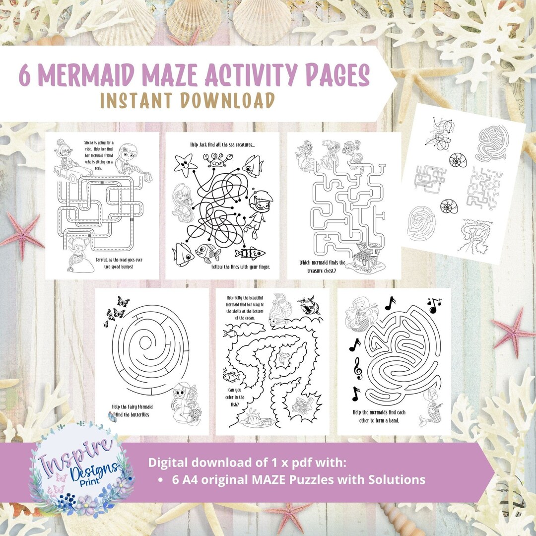 6 MERMAID MAZE Activity Pages Printable Puzzles for - Etsy