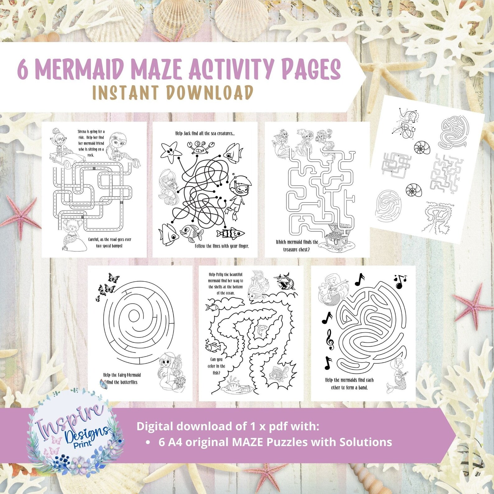 6 MERMAID MAZE Activity Pages Printable Puzzles for - Etsy