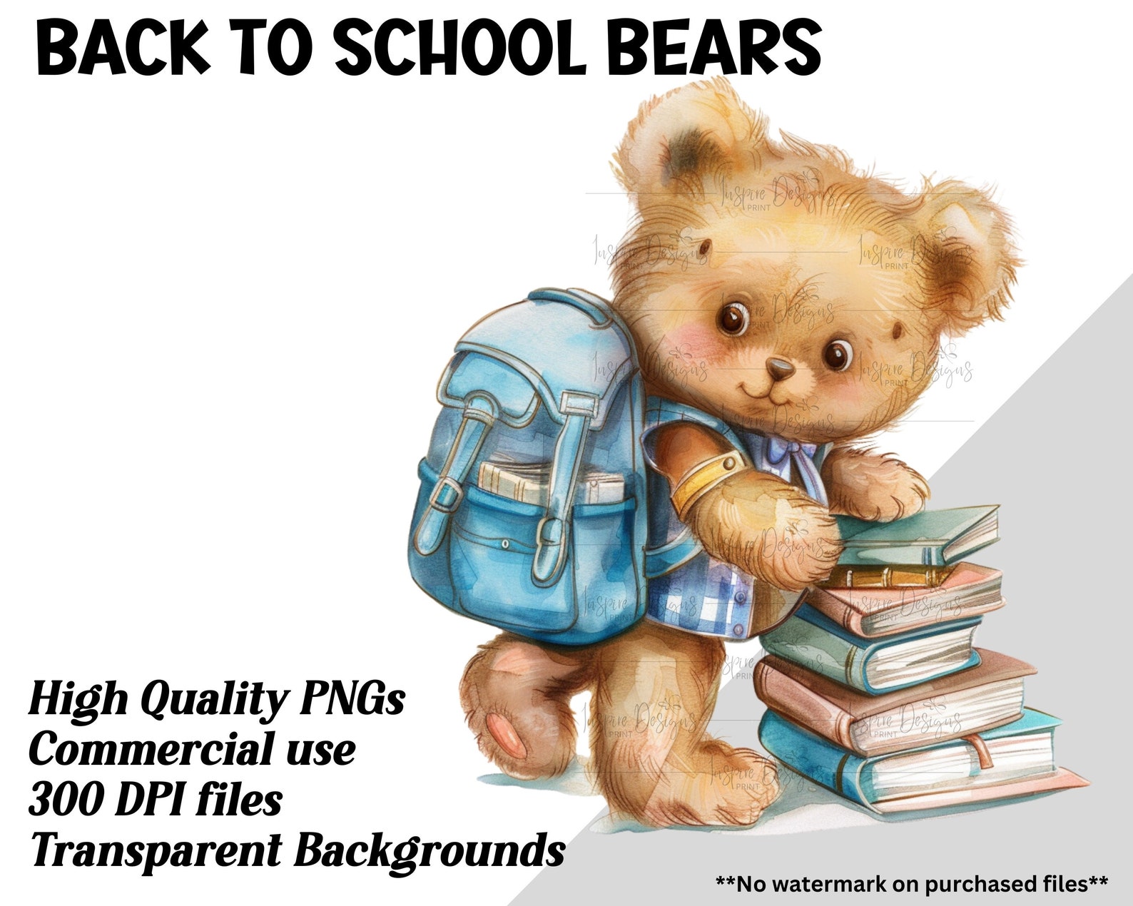 Back to School Bears Blue Clipart, Instant Download, Riding Bike, Desk ...
