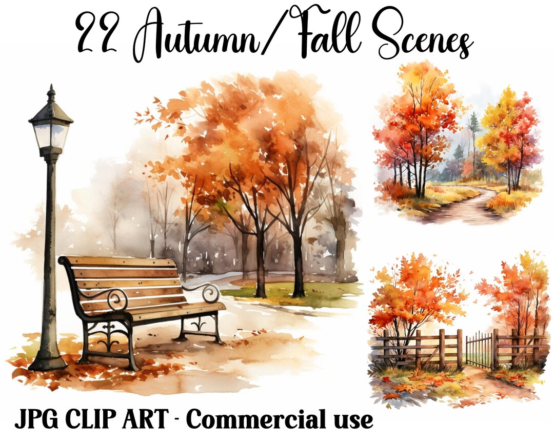 Autumn / Fall Scenes Watercolor Clip Art, Fantasy Digital & Paper ...