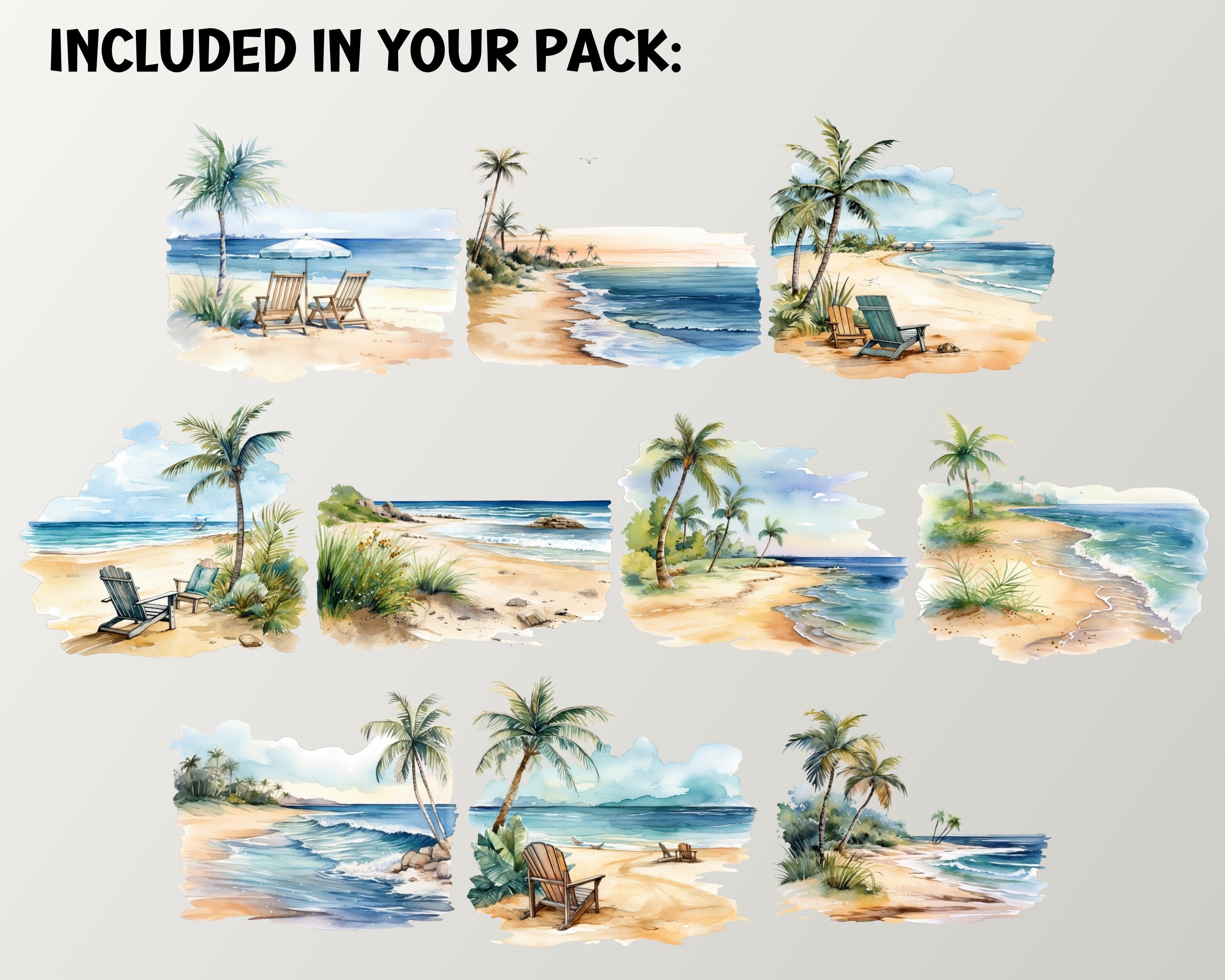 Tropical Beach Scenery Watercolor Clipart, Digital Sea Coastline Nature ...