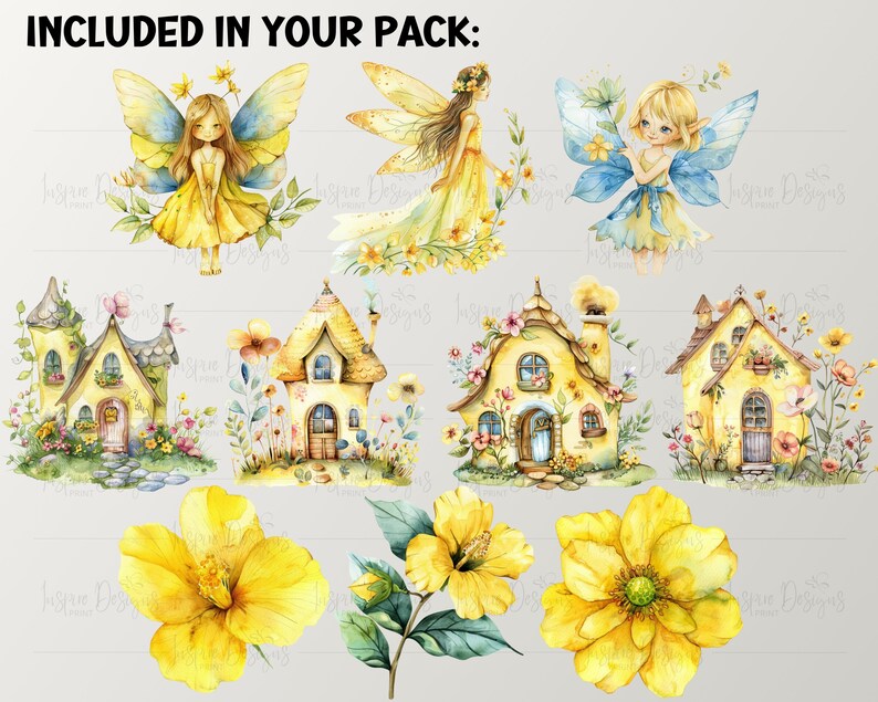 Fairy Life Yellow Watercolor Clipart, Digital Craft Instant Download ...