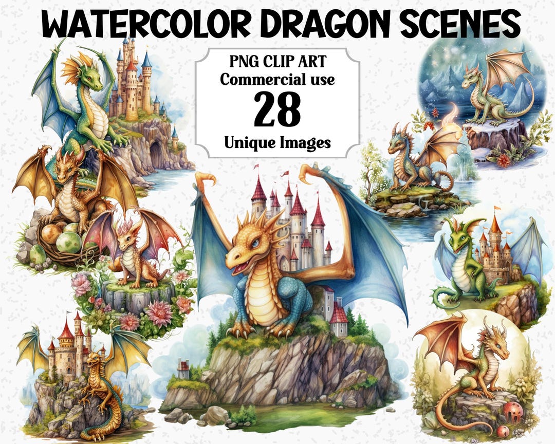 Clipart Watercolor Dragon Scenes Cute Magical Floral Fantasy Castles ...