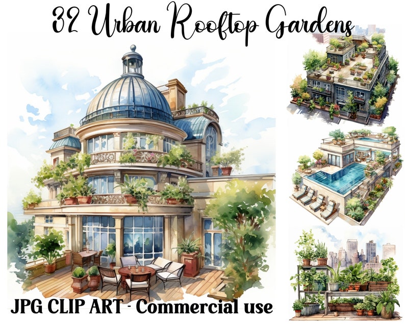 Urban Rooftop Gardens Watercolor Clipart Scenes, City Buildings Digital ...