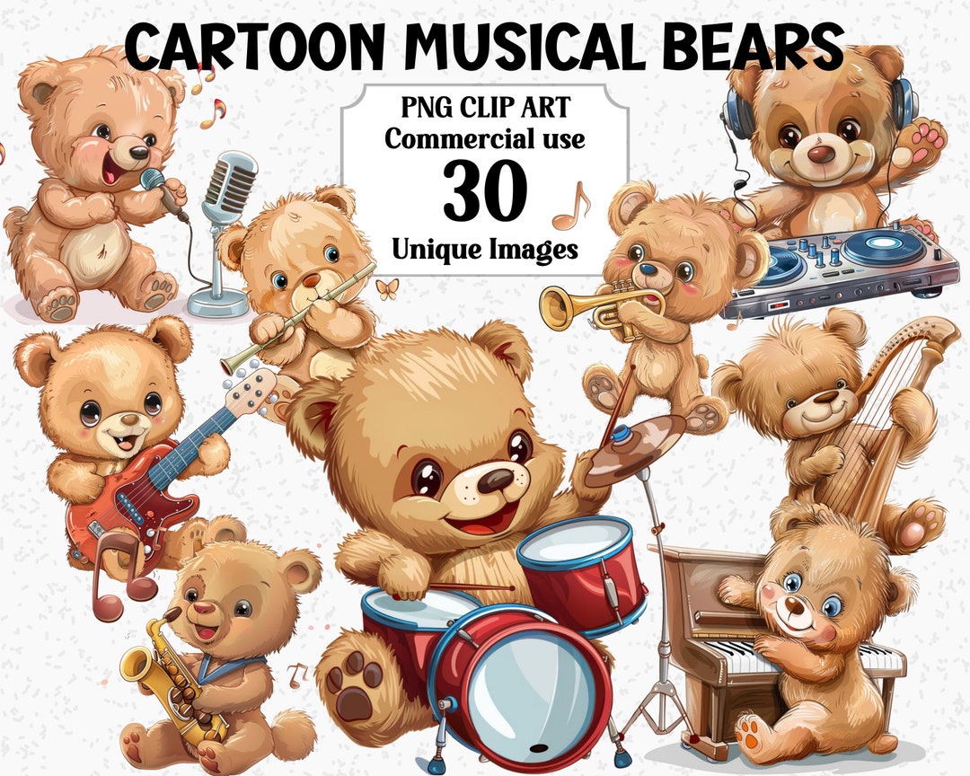 Cartoon Musical Bears Clipart, Instant Download, Music Guitar Drums ...