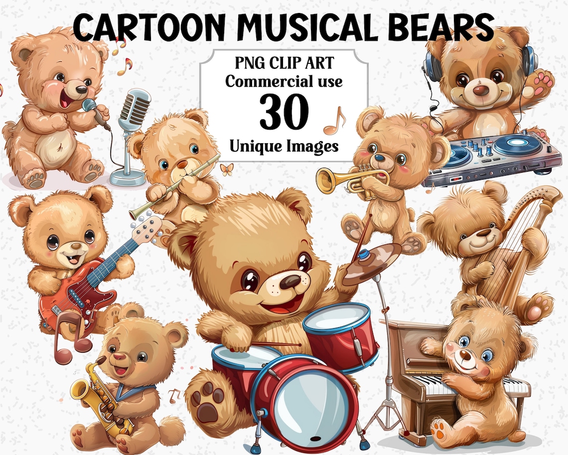 Cartoon Musical Bears Clipart, Instant Download, Music Guitar Drums ...