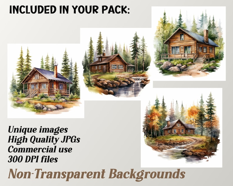 Rustic Log Cabins Watercolor Clipart Scenes, Digital & Paper Craft ...