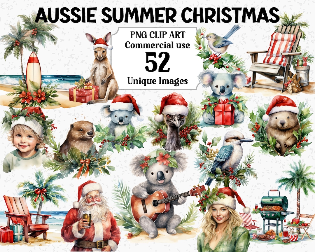 Aussie Summer Christmas Clipart, Watercolor Animals Koala, Santa, Beach ...