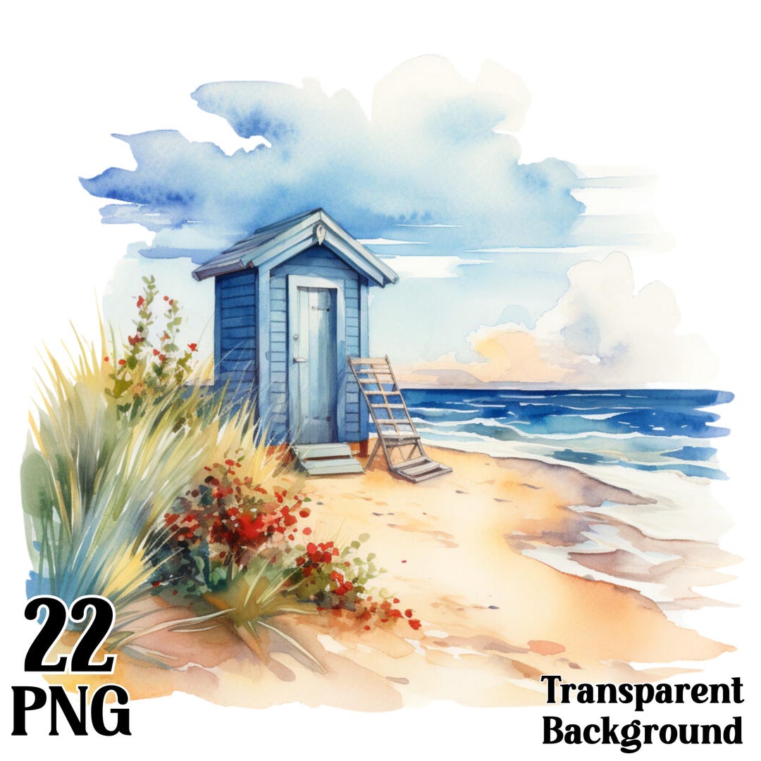 Watercolor Clipart Pretty Beach Hut Scenes Pngs Digital Craft Instant ...