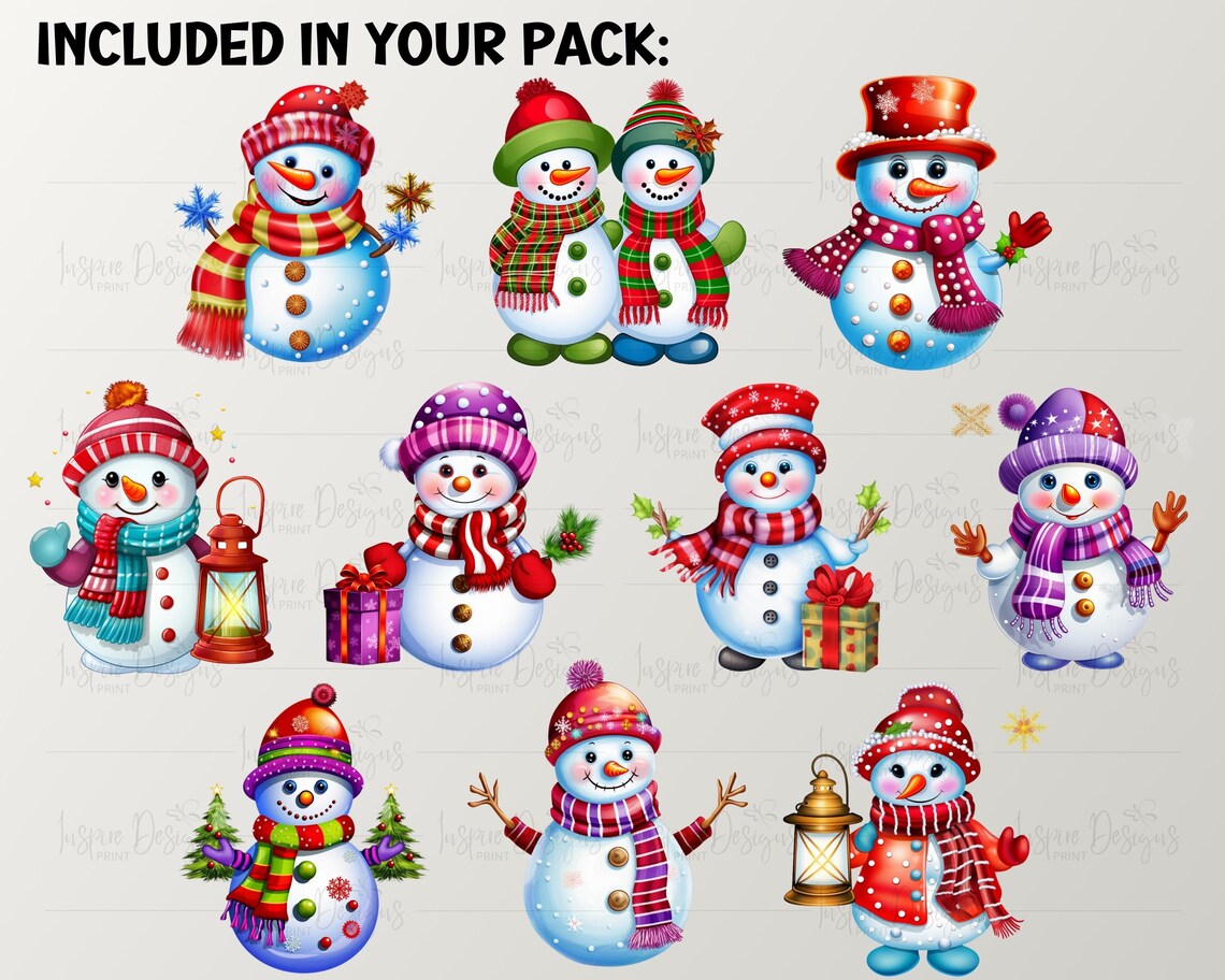 Bright Cartoon Snowmen Clipart, Christmas Snowman Instant Download ...