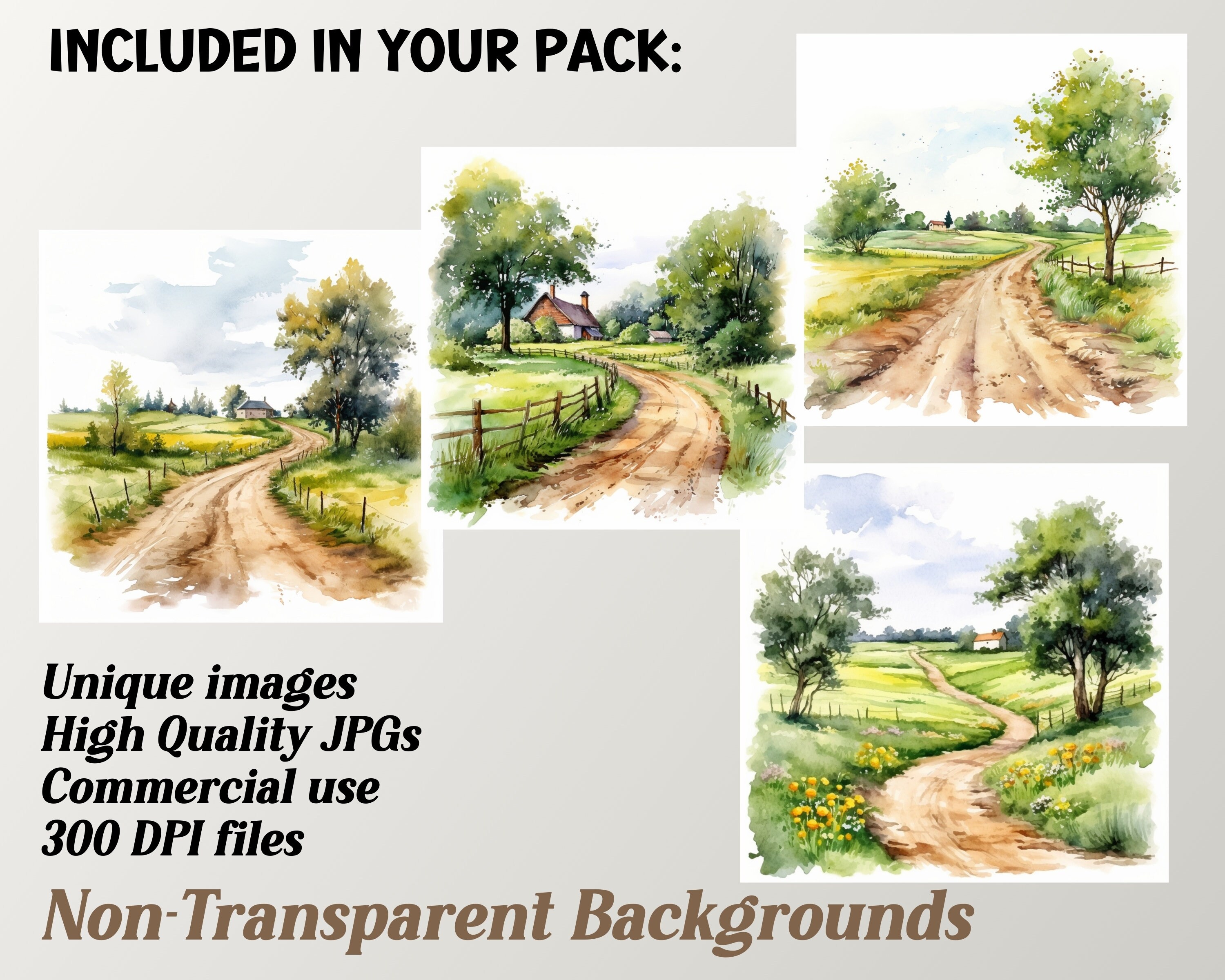Country Laneways Watercolor Clipart Scenes, Digital & Paper Craft ...