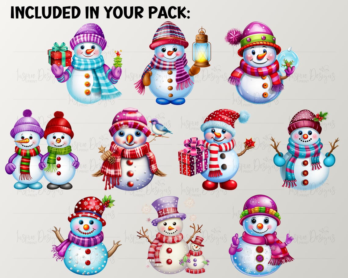 Bright Cartoon Snowmen Clipart, Christmas Snowman Instant Download ...