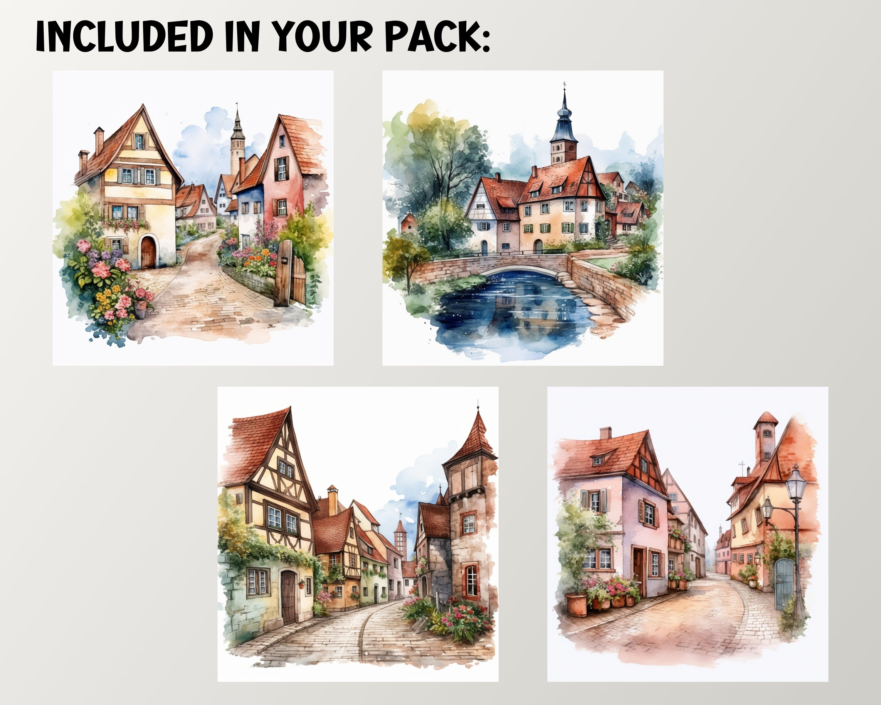 Quaint German Villages Watercolor Clipart Scenes, Fantasy Town Digital ...