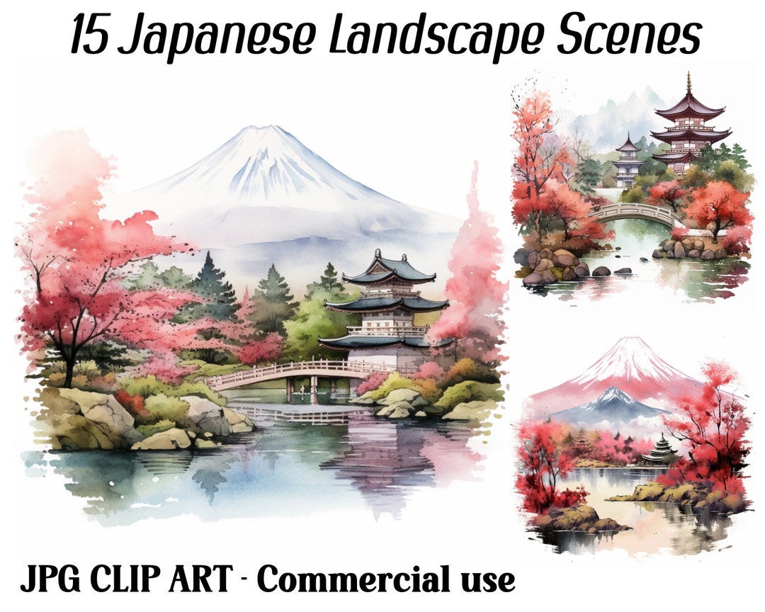 Japanese Landscape Scenes Watercolor Clipart, Digital & Paper Crafts ...