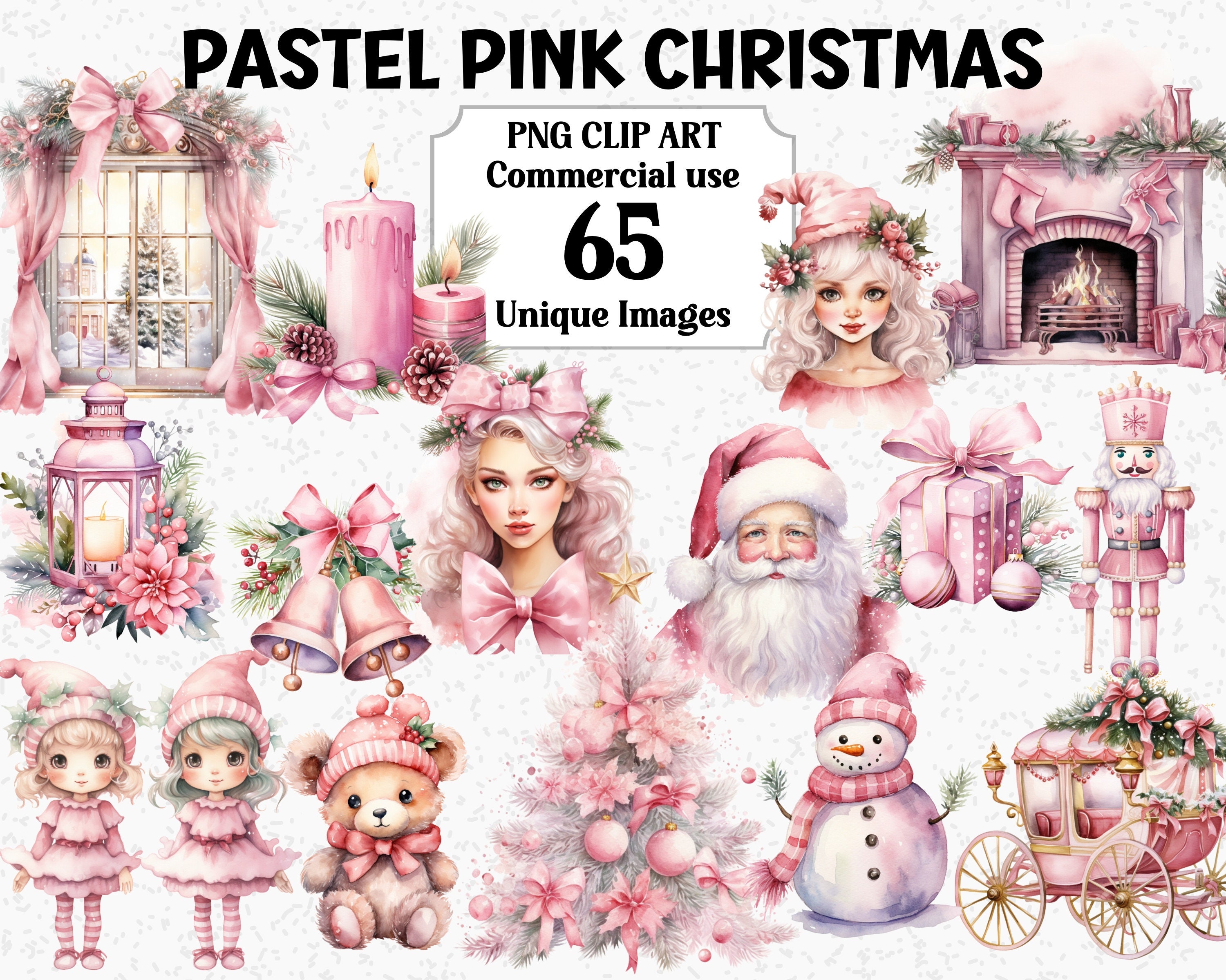 Pastel Pink Christmas Watercolor Clipart Decorations Bundle, Digital ...