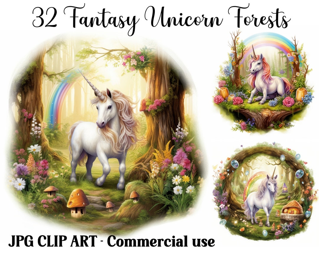 Fantasy Unicorn Forests Watercolor Clipart Scenes, Digital & Paper ...