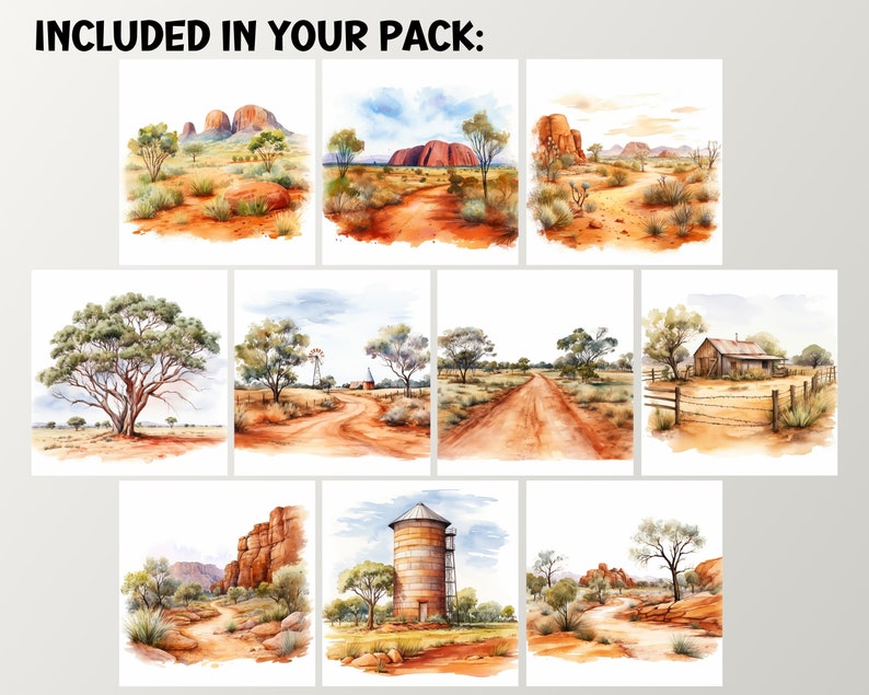 Outback Australia Watercolor Clipart Scenes, Digital & Paper Craft ...