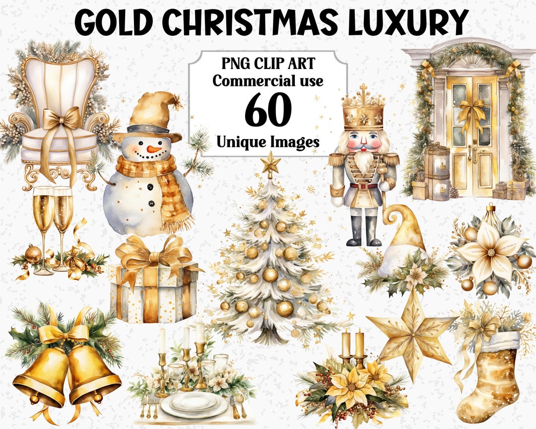 Gold Christmas Luxury Watercolor Clipart Decorations Bundle, Digital ...