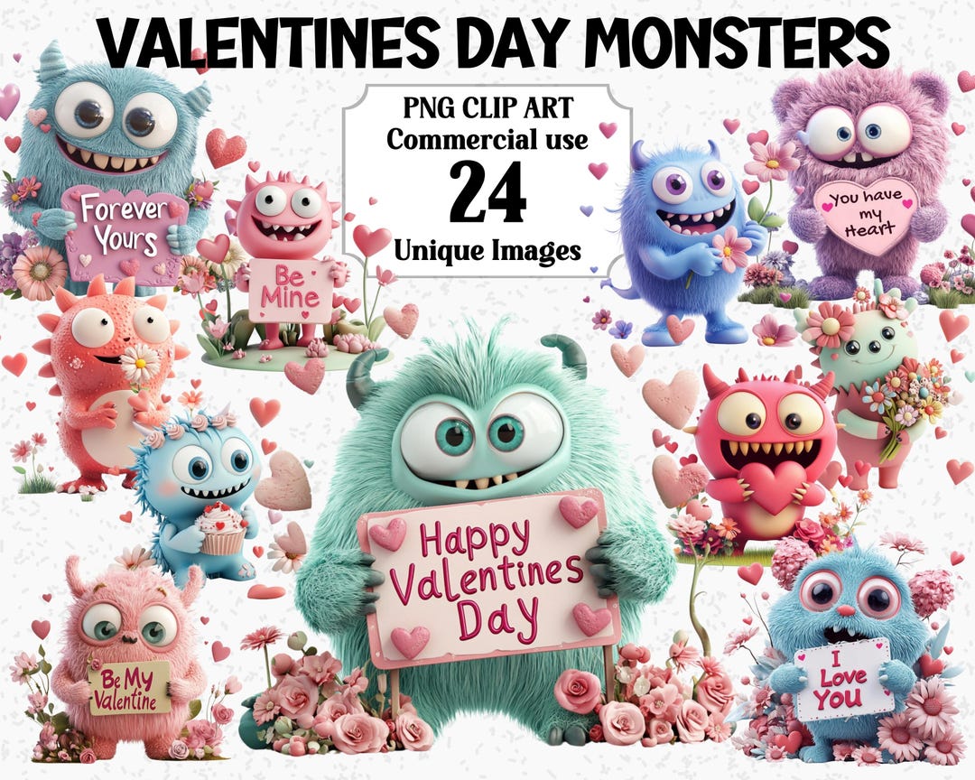 Valentine's Day Monsters Clipart, Valentines Love Crafts, Vibrant Fun ...