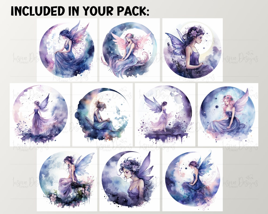 Moon Fairies Watercolor Night Clipart Scenes, Fantasy Fairytale Digital ...