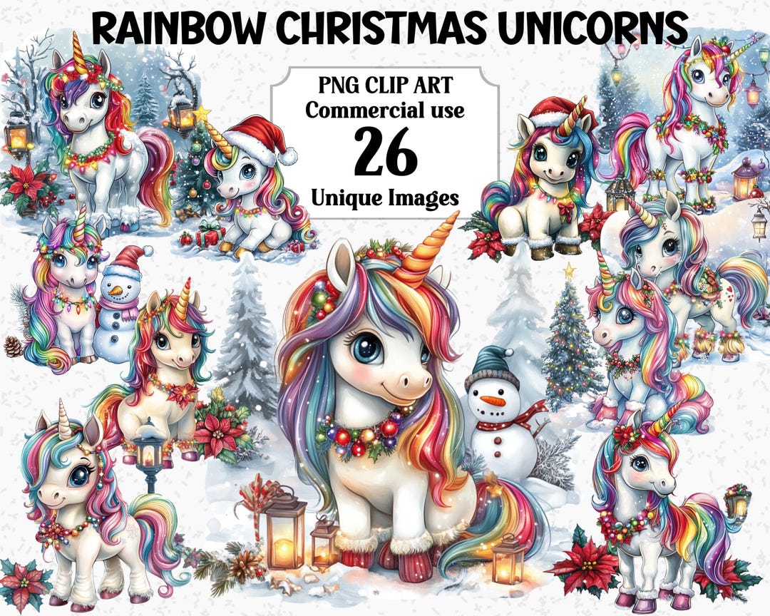 Rainbow Christmas Unicorns Clipart, Cute Craft Christmas Decorations ...
