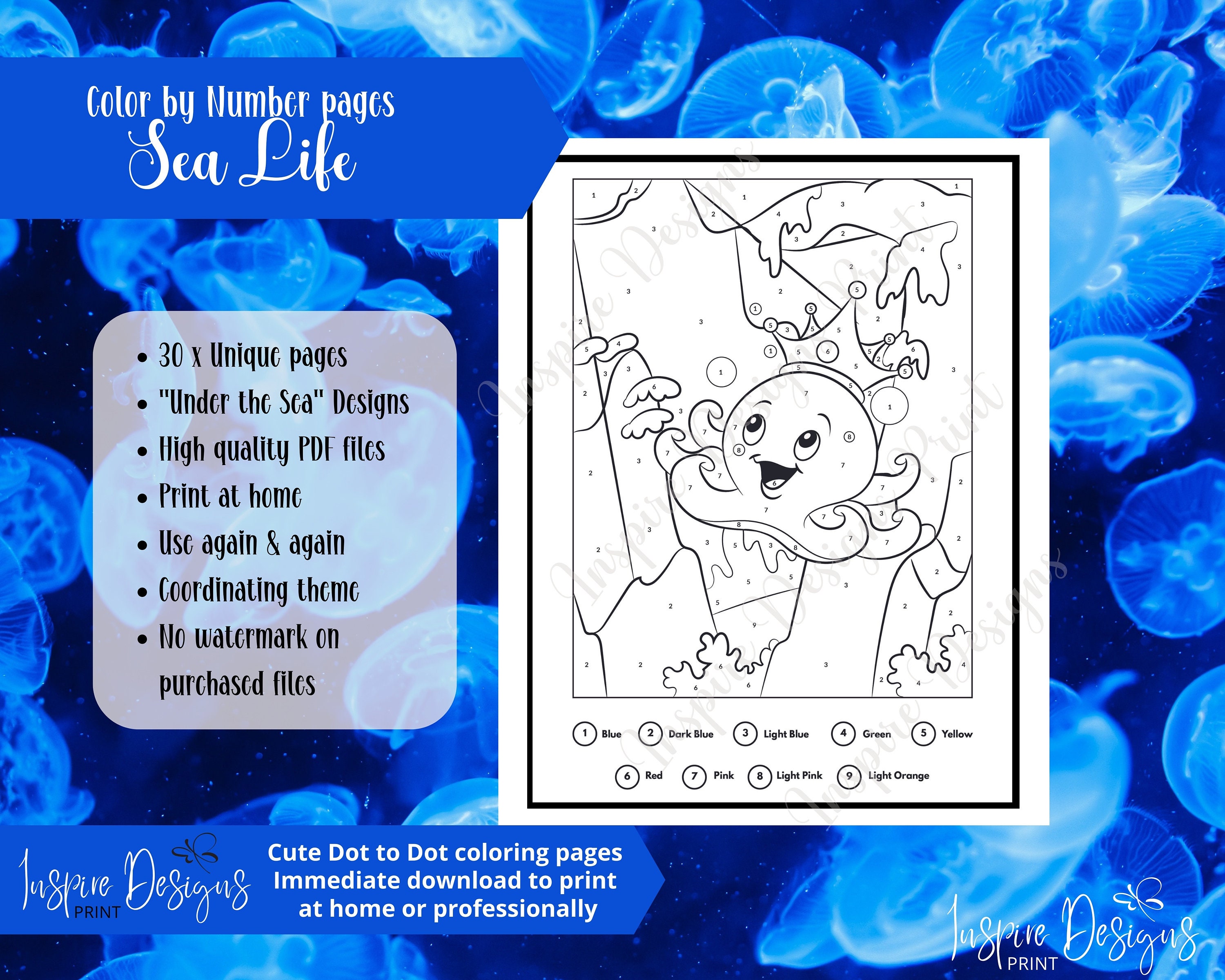 30 SEA LIFE Color by Number Coloring Pages PDF Printables for Children ...