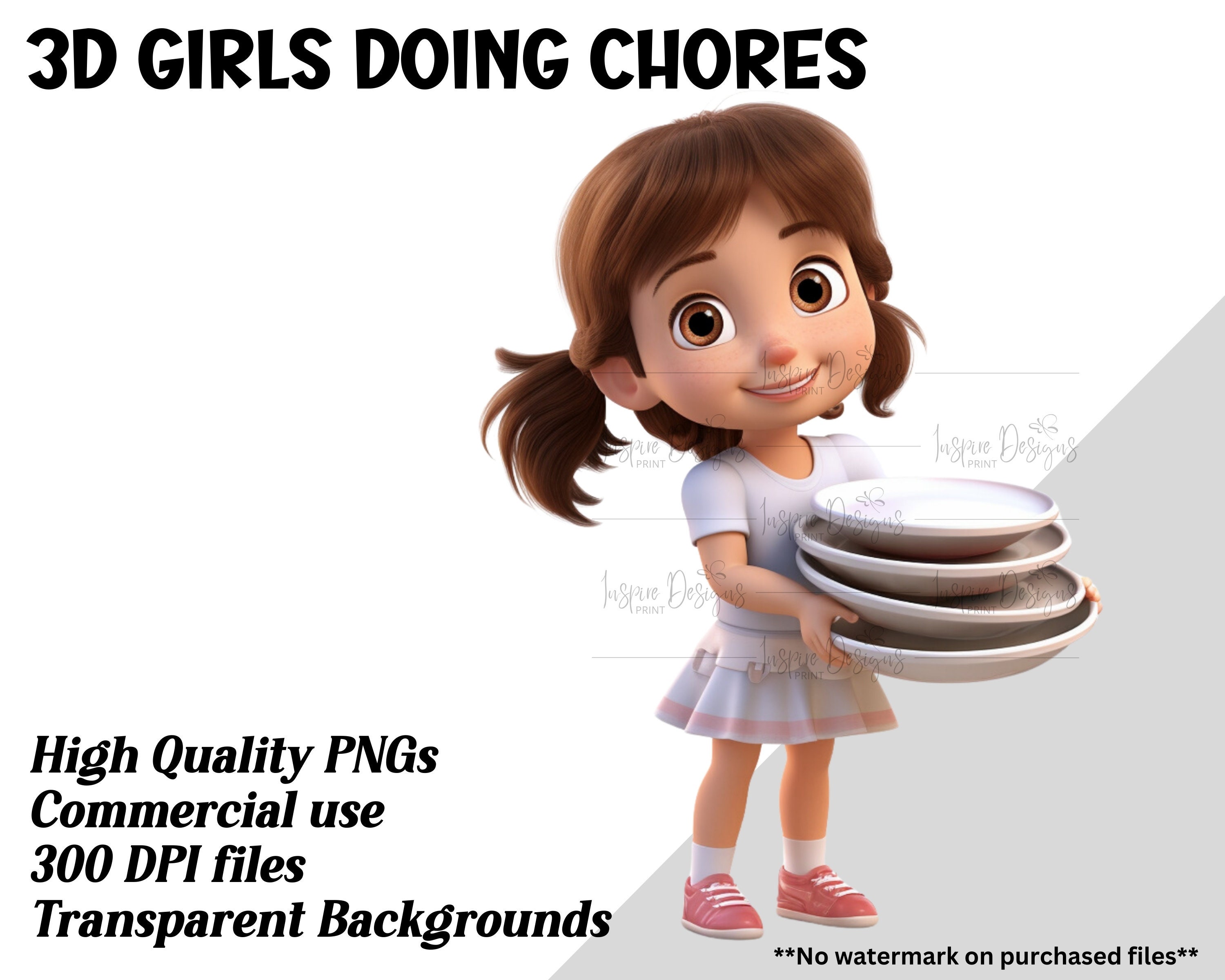 3D Style Cute Girls Doing Chores Clipart, Commercial Use Little Kids ...