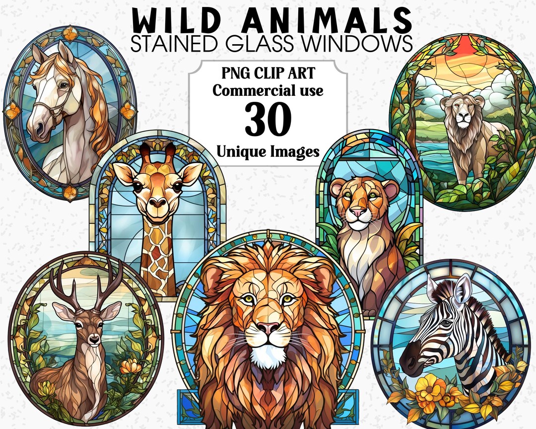 Wild Animals Stained Glass Windows Clipart, Digital & Paper Crafts ...